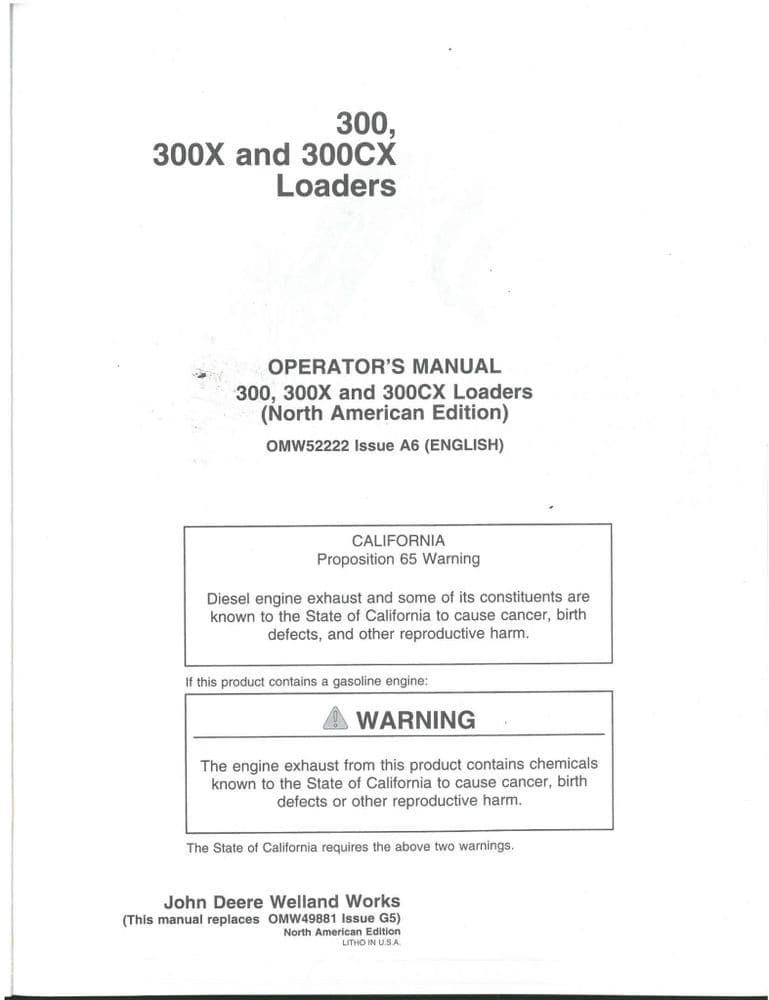 John Deere Loader 300 300X 300CX Operators Manual