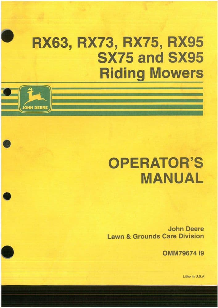 John Deere Riding Mower RX63 RX73 RX75 RX95 SX75 SX95 Operators Manual