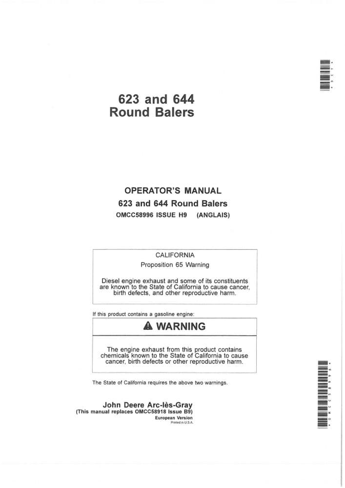 John Deere Round Baler 623 and 644 Operators Manual