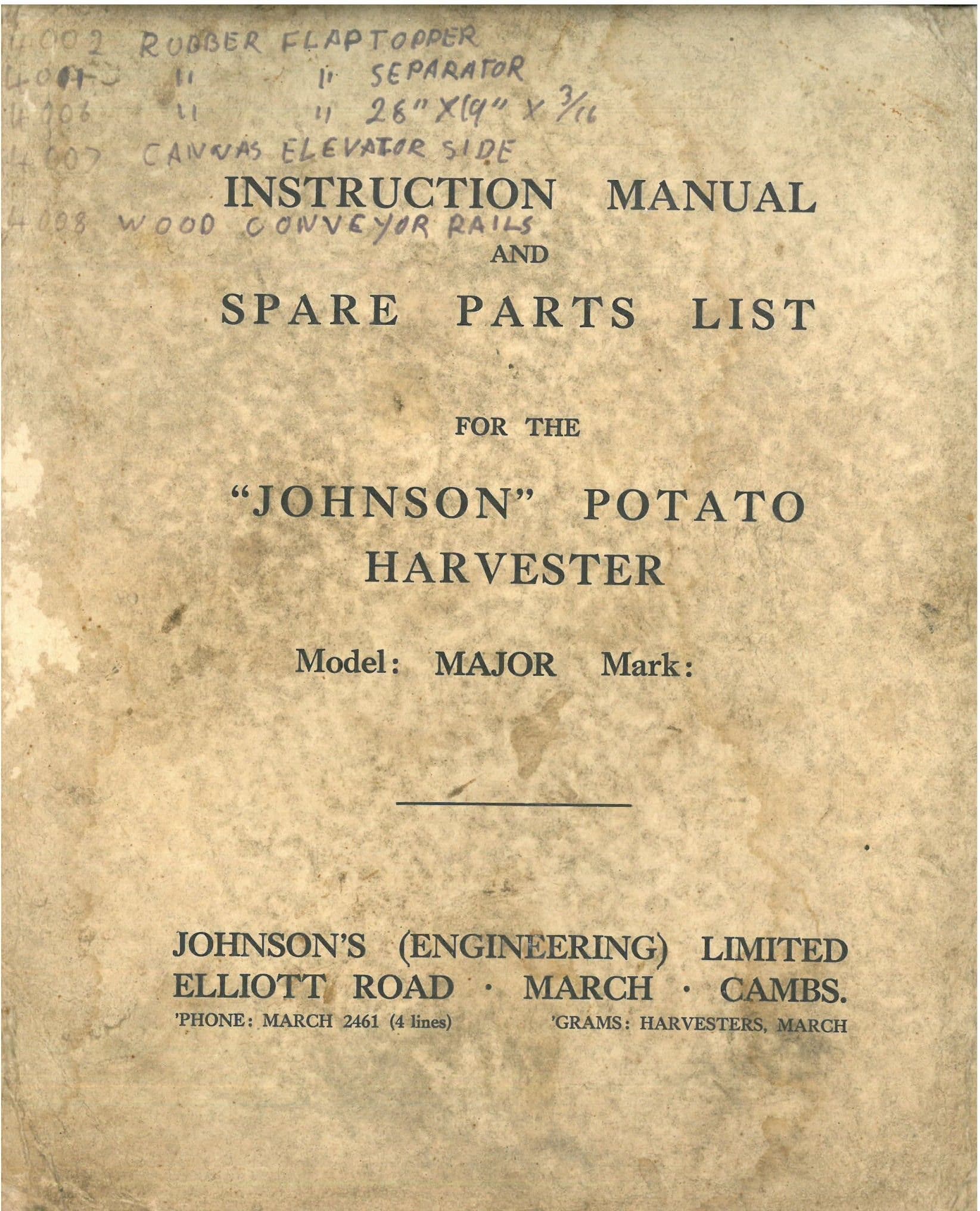 Johnson Potato Harvester Model Major Operators Manual & Parts List ORIGINAL