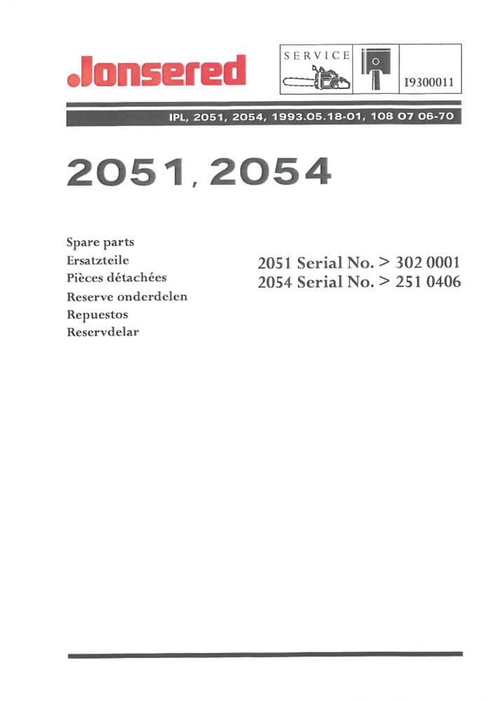 Jonsered Chainsaw 2051 2054 Parts Manual