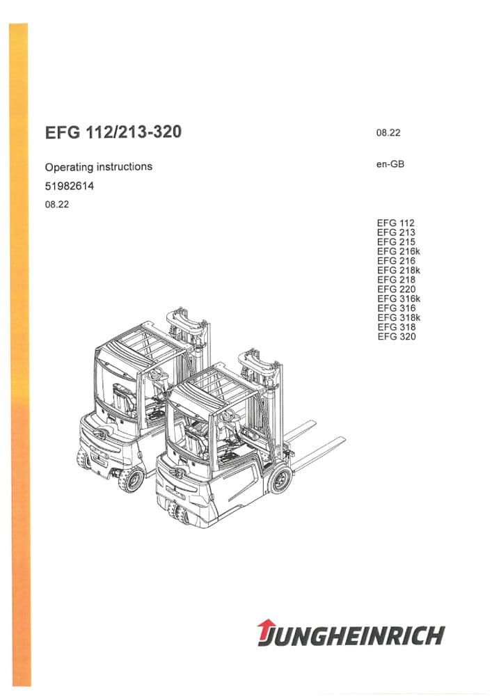 Jungheinrich ForkLift Truck EFG 112 213 215 216K 216 218K 218 220 316K 316 318K 318 Operators Manual