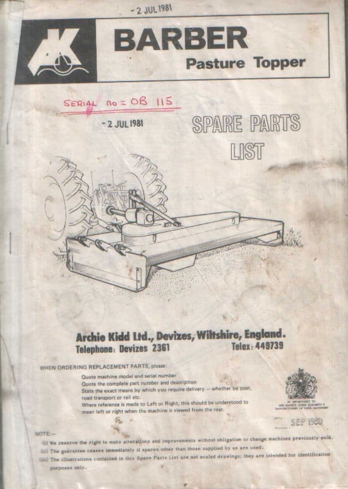 Kidd Barber Pasture Topper Parts Manual with Temp Operators ...