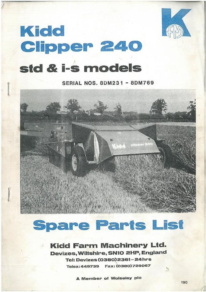 Kidd Clipper Mower Model 240 std & i-s Models Parts Manual