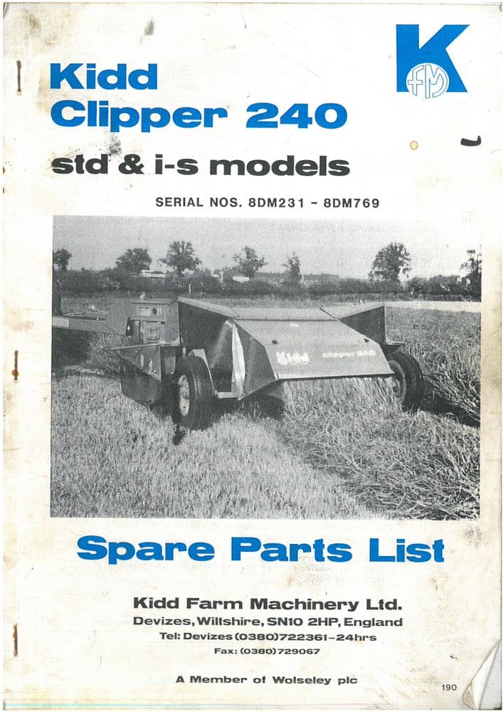 Kidd Clipper Mower Model 240 std & i-s Models Parts Manual - ORIGINAL