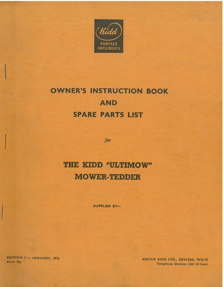 Kidd Mower Tedder Ultimow Operators Manual & Parts List - ORIGINAL