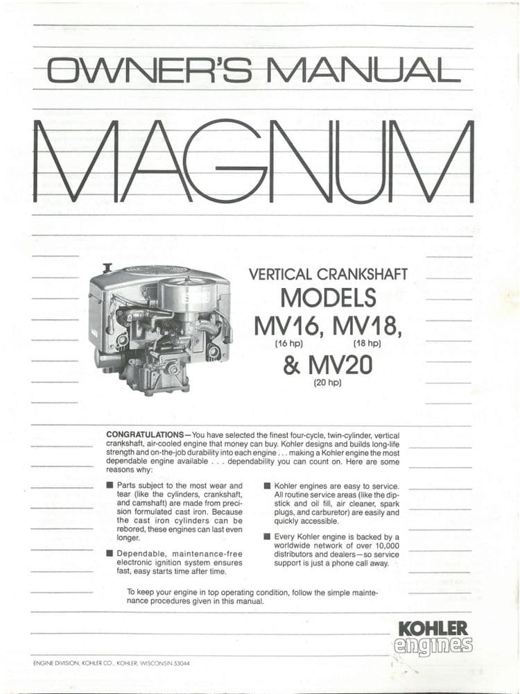 Kohler Magnum Engine Vertical Crankshaft MV16 MV18 & MV20 Operators Manual