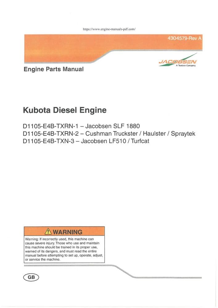 Kubota Diesel Engine D1105-E4B-TXRN-1 D1105-E4B-TXRN-2 D1105-E4B-TXN-3 Parts Manual