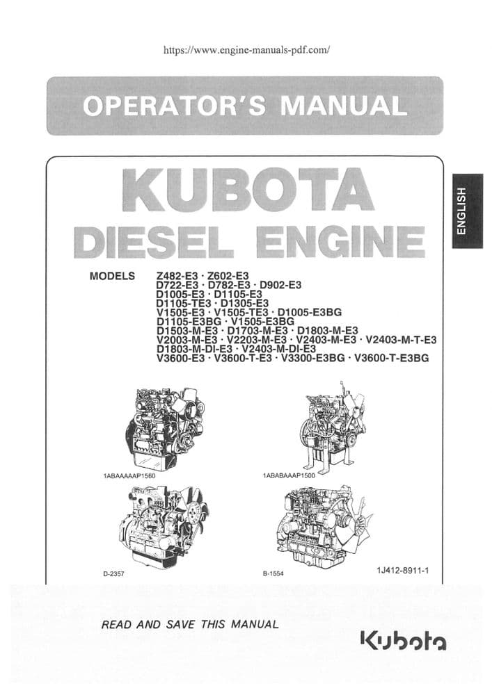 Kubota Diesel Engine D1105-TE3 D1305-E3V1505-E3V1505-TE3 D1005-E3BG D1105-E3BG Operators Manual