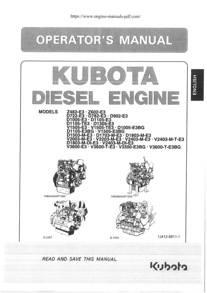 Kubota Diesel Engine Z482-E3 Z602-E3 D722-E3 D782-E3 D902-E3 D1005-E3 D1105-E3 Operators Manual