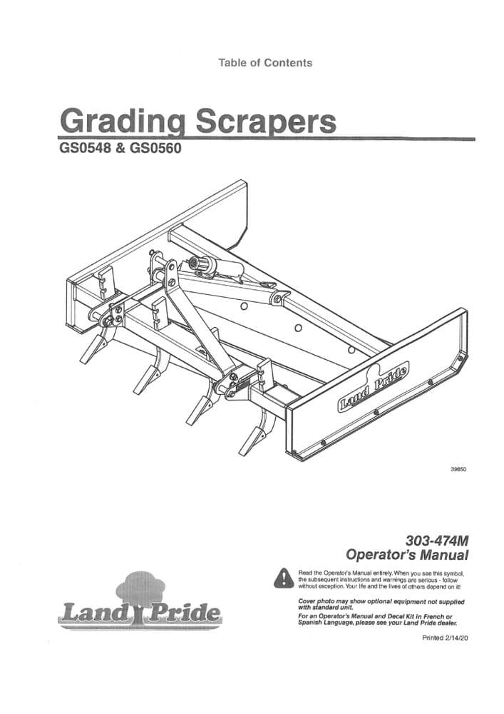 Kubota Land Pride Grading Scraper GS0548 & GS0560 Operators Manual