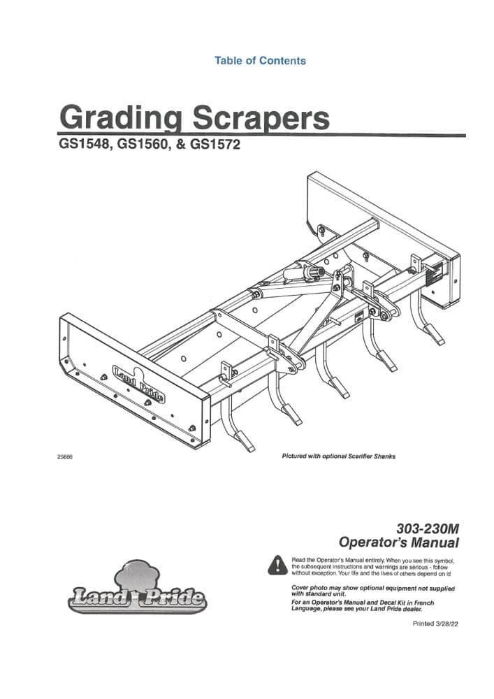 Kubota Land Pride Grading Scraper GS1548 GS1560 GS1572 Operators Manual
