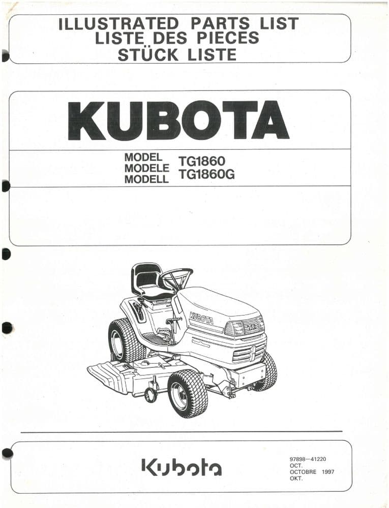 Kubota Ride on Mower Garden Tractor TG1860 & TG1860G Parts Manual