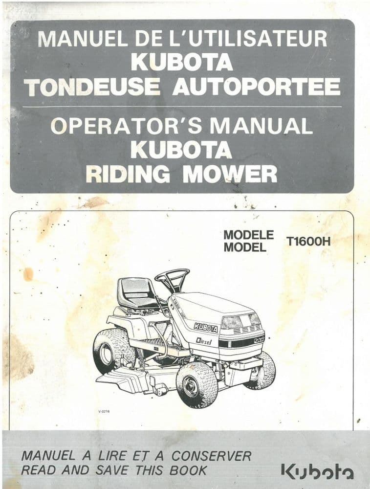 Kubota Riding Mower Model T1600 HST Operators Manual