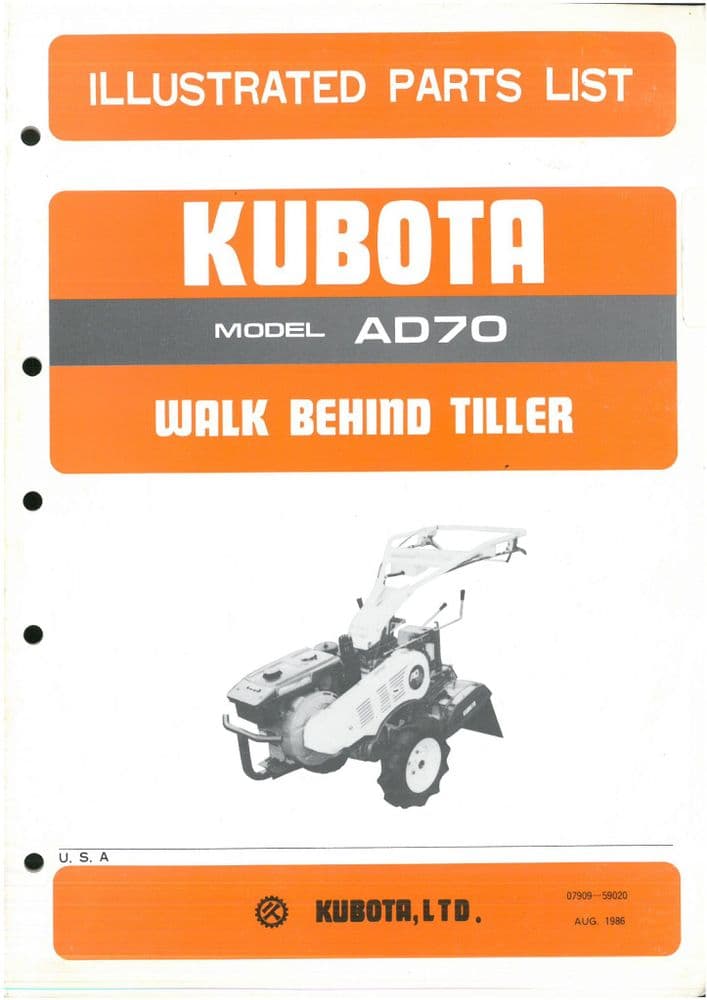 Kubota Walk Behind Tiller AD70 Parts Manual AD 70 - ORIGINAL