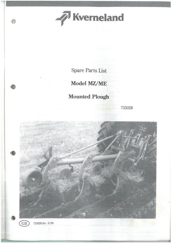 Kverneland Mounted Plough Model MZ/ME Parts Manual