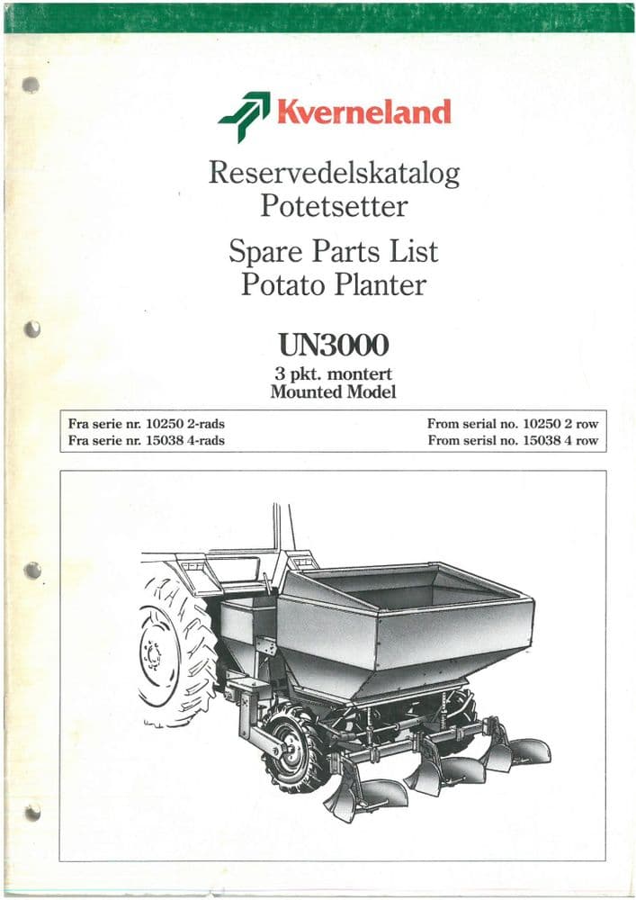 Kverneland UN3000 Potato Planter Parts Manual