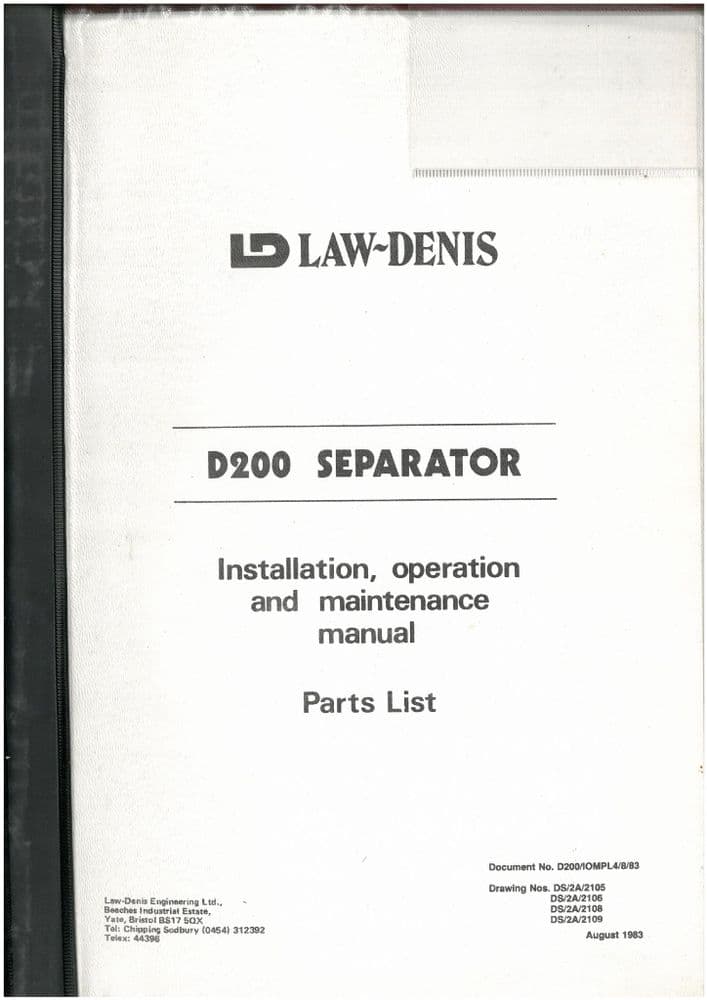 Law-Denis D200 Separator Operators Manual with Parts List