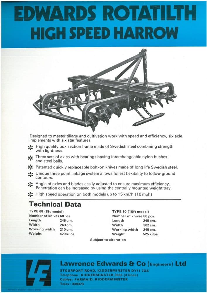 Lawrence Edwards Rotatilth High Speed Harrow Brochure