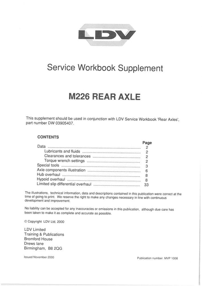 LDV M226 rear axle Workshop Service Manual