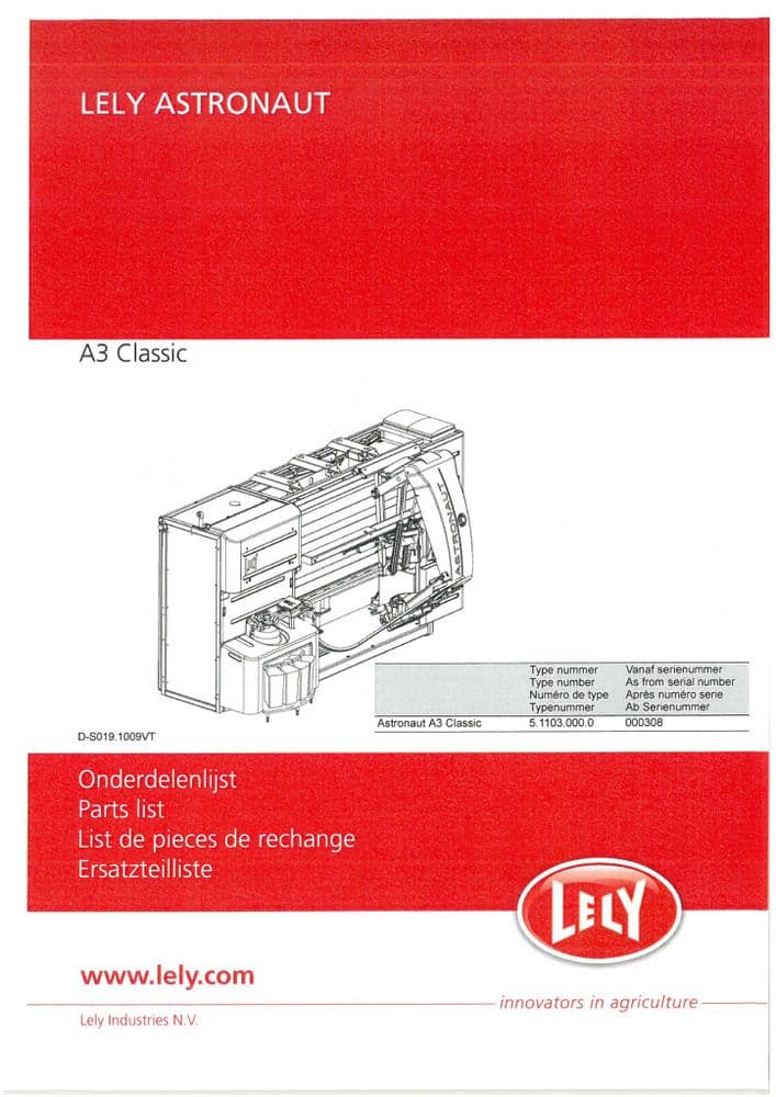 Lely Astronaut Milking Robot Classic Parts Manual