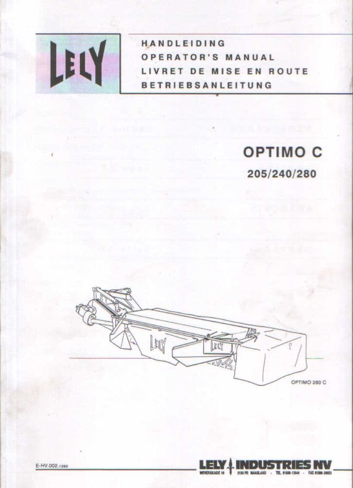 Lely Mower Optimo C205 C240 C280 Operators Manual