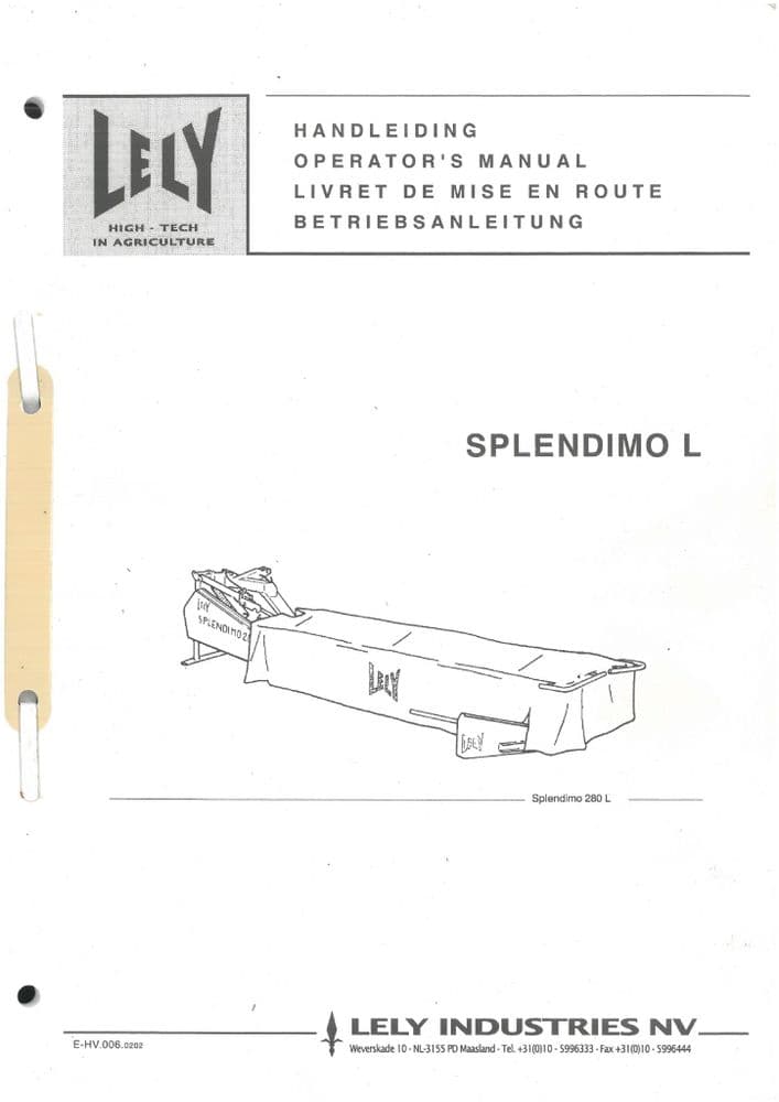 Lely Mower Splendimo L 165L 205L HD 240L 280L 320L Operators Manual ...
