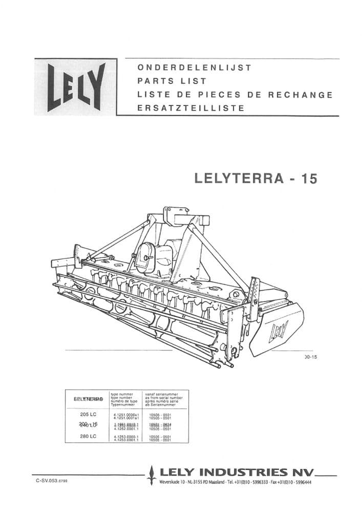 Lely Rotary Harrow Lelyterra 15 Parts Manual