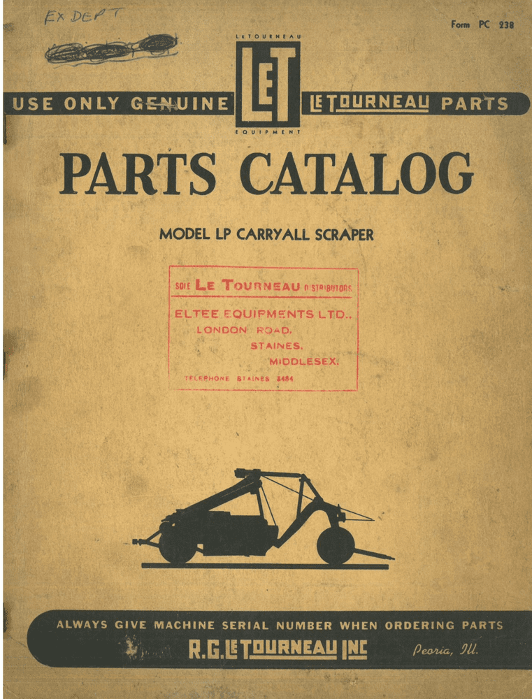 LeTourneau Scraper Road Towed Type Cable Operated Model LP Parts Manual