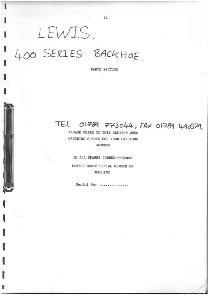 Lewis Landlord Backhoe 400 & 400S - Parts Manual