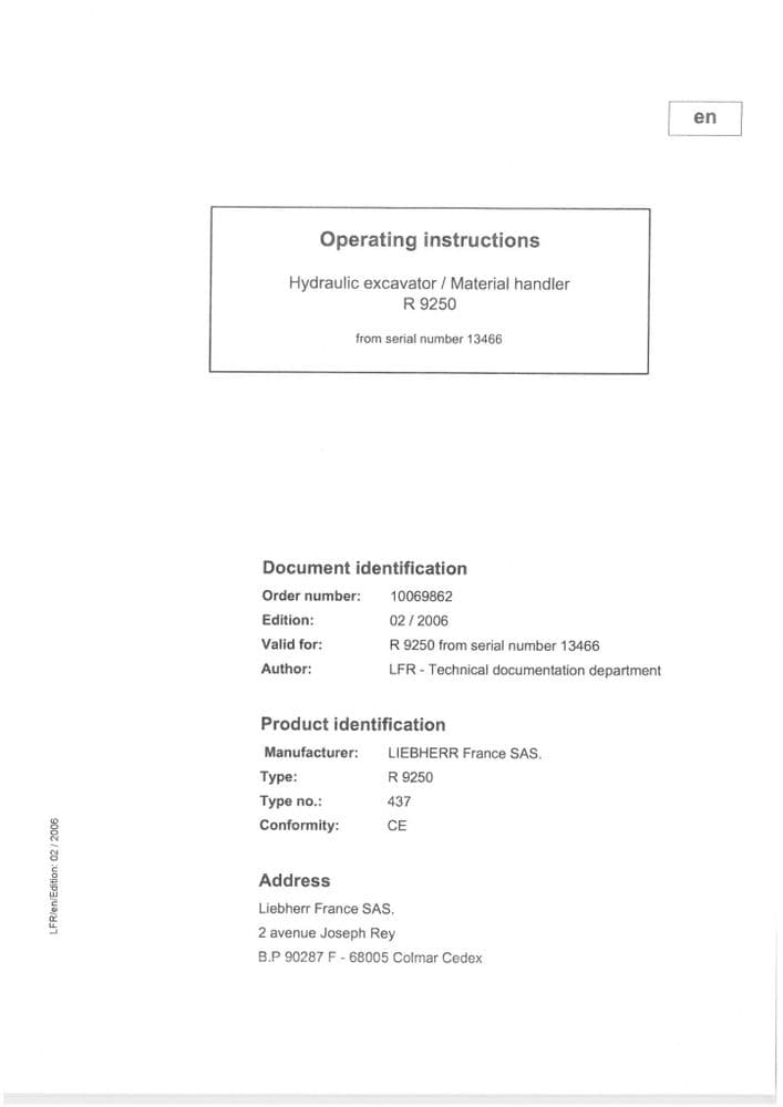 Liebherr Hydraulic Excavator R 9250 Operators Manual