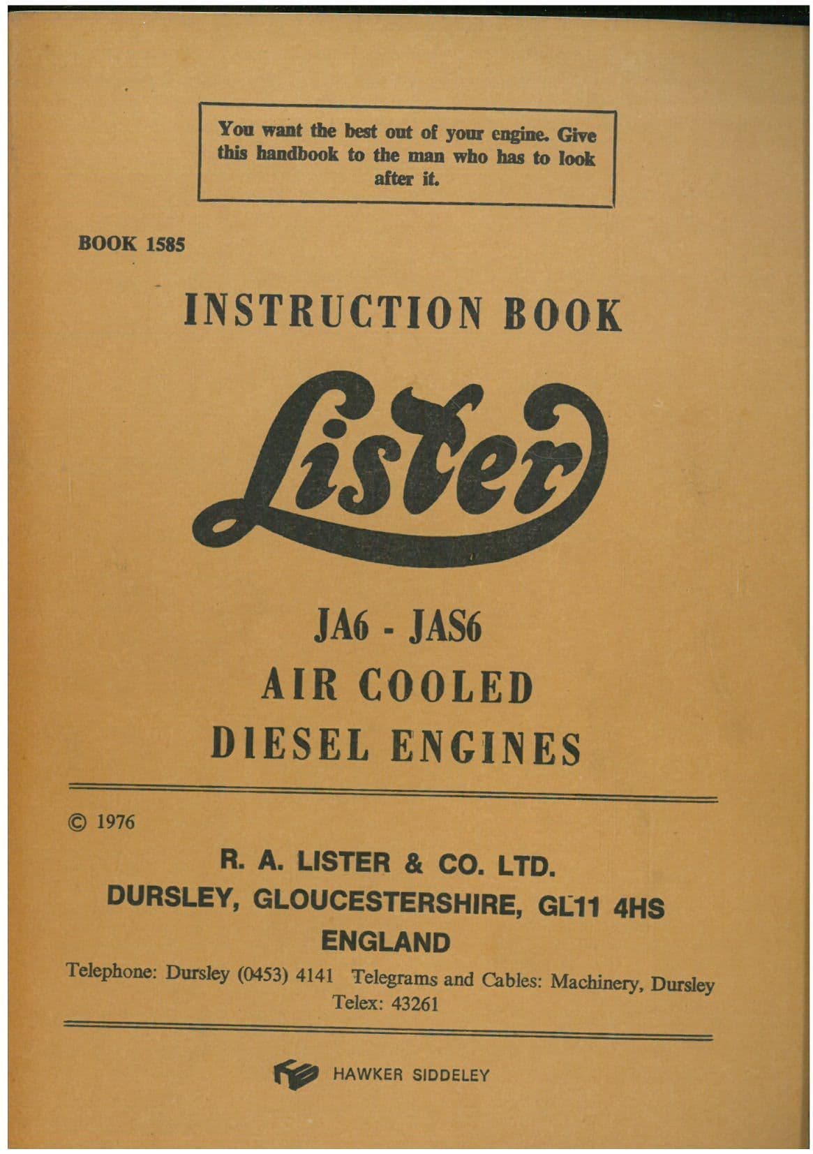Lister Air Cooled Diesel Engine JA6 - JAS6 Operators Manual
