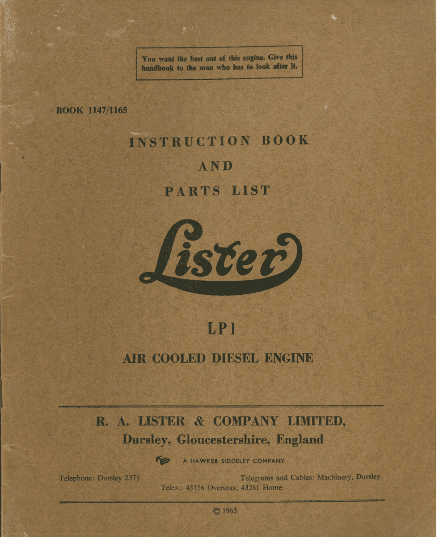 Lister Air Cooled Diesel Engines LP1 Operators Manual with Parts List