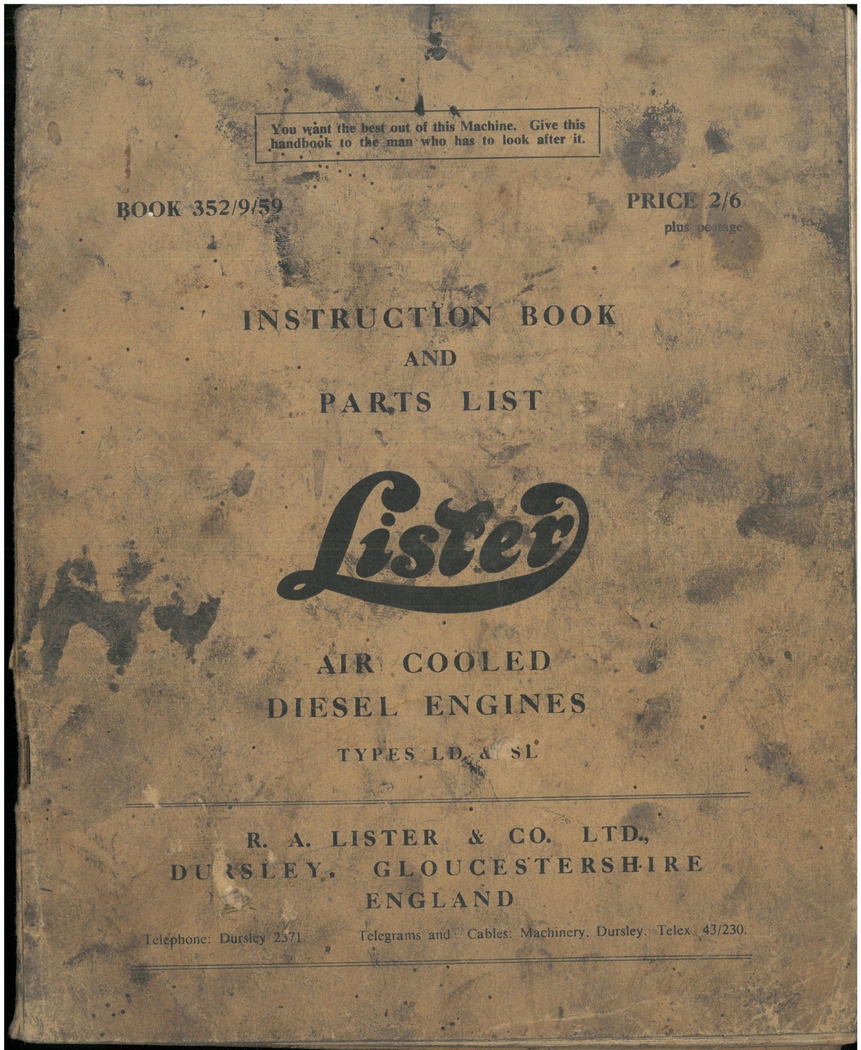 Lister Diesel Engine Air Cooled Types LD & SL Operators Manual with ...
