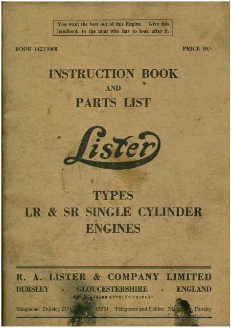 Lister Engine LR & SR Single Cylinder Operators Manual with Parts List