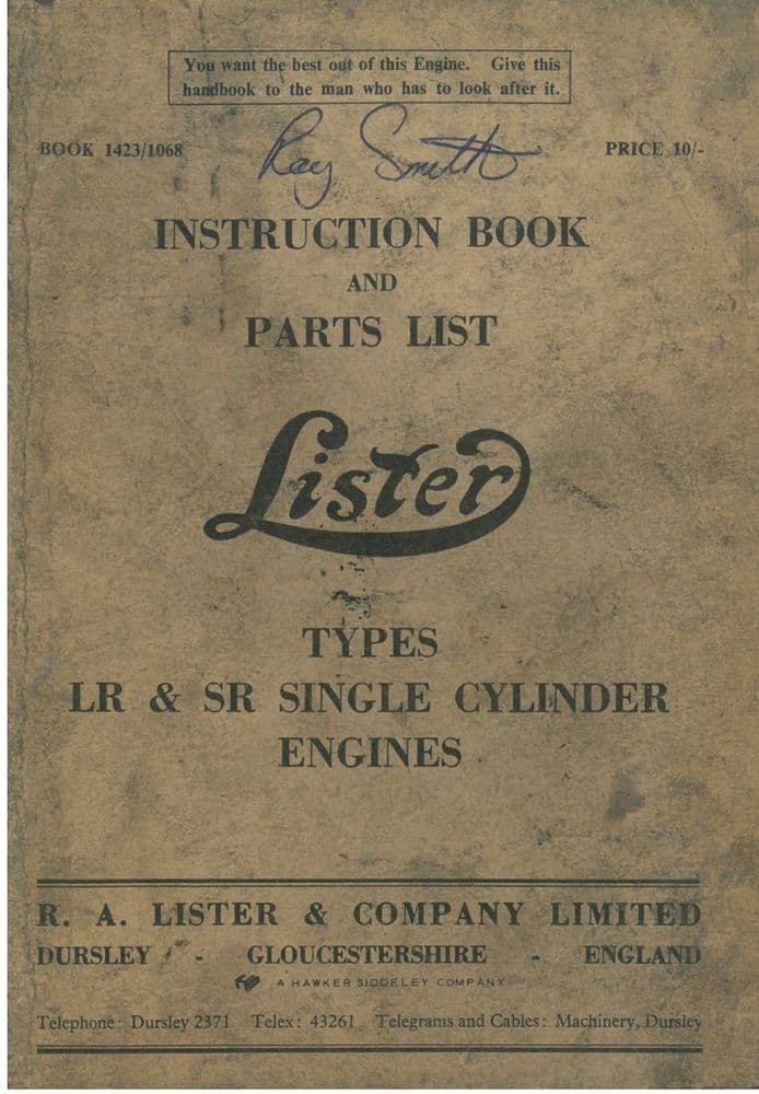 Lister Engine LR & SR Single Cylinder Operators Manual with Parts List ...