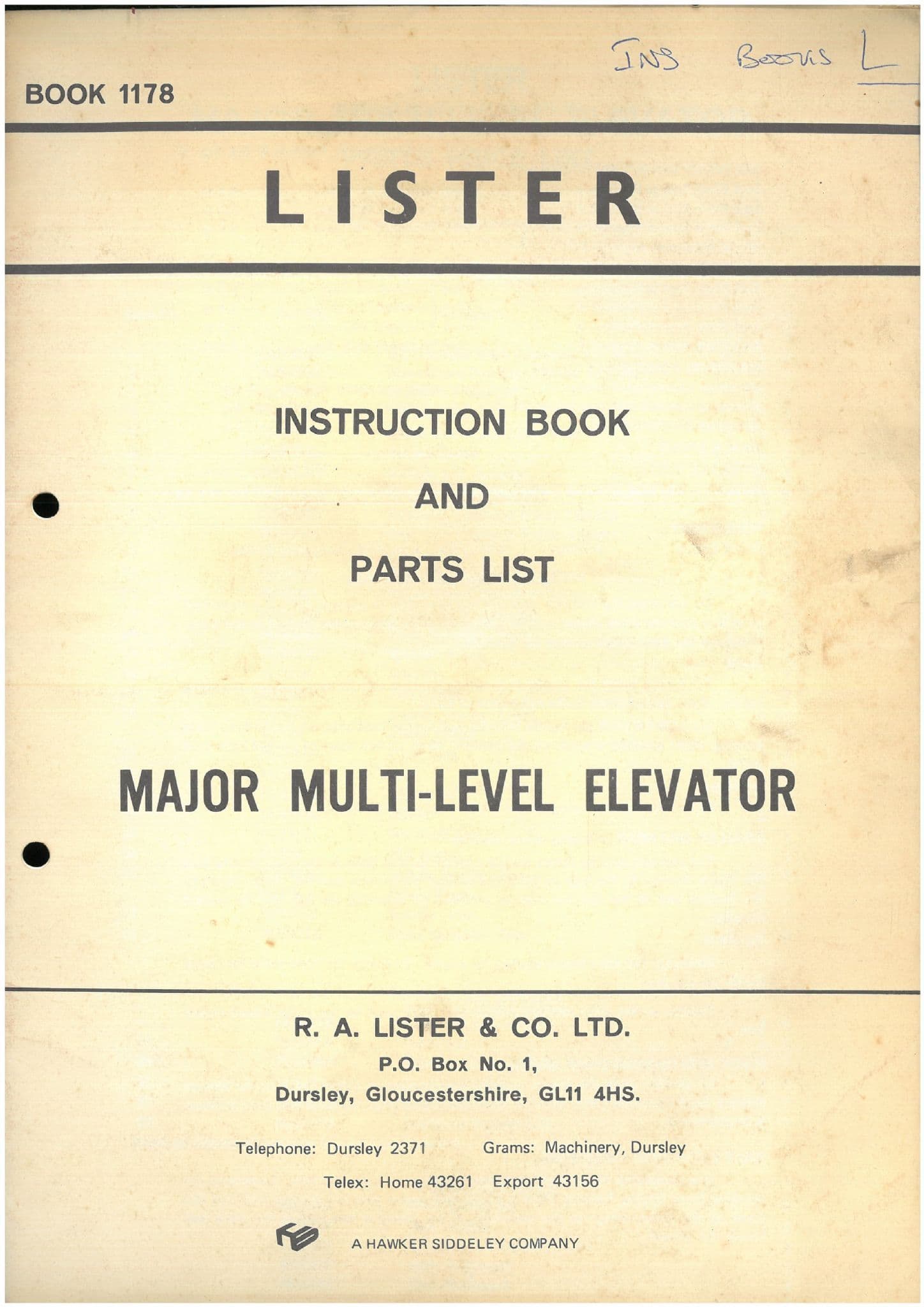 Lister Major Multi-Level Elevator Operators Manual with Parts List