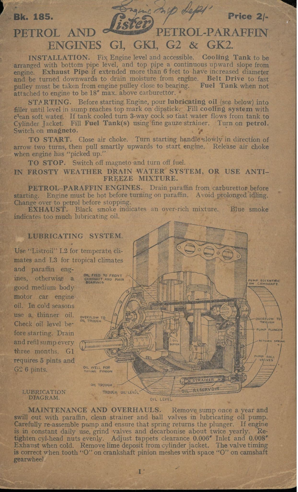 Lister Petrol & Petrol-Paraffin Engine - Types G1 GK1 G2 & GK2 ...