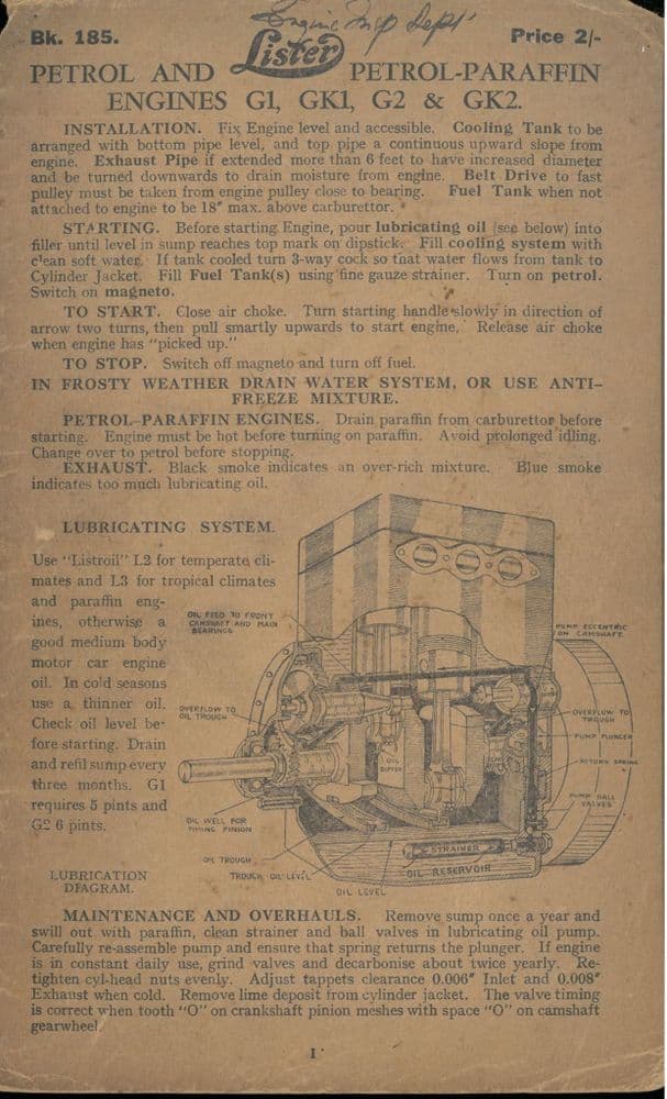 Lister Petrol & Petrol-Paraffin Engine - Types G1 GK1 G2 & GK2 ...