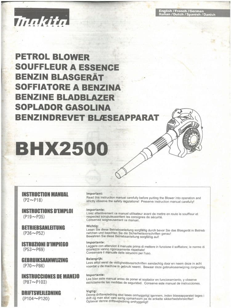 Makita Petrol Leaf Blower BHX2500 Operators Manual - ORIGINAL