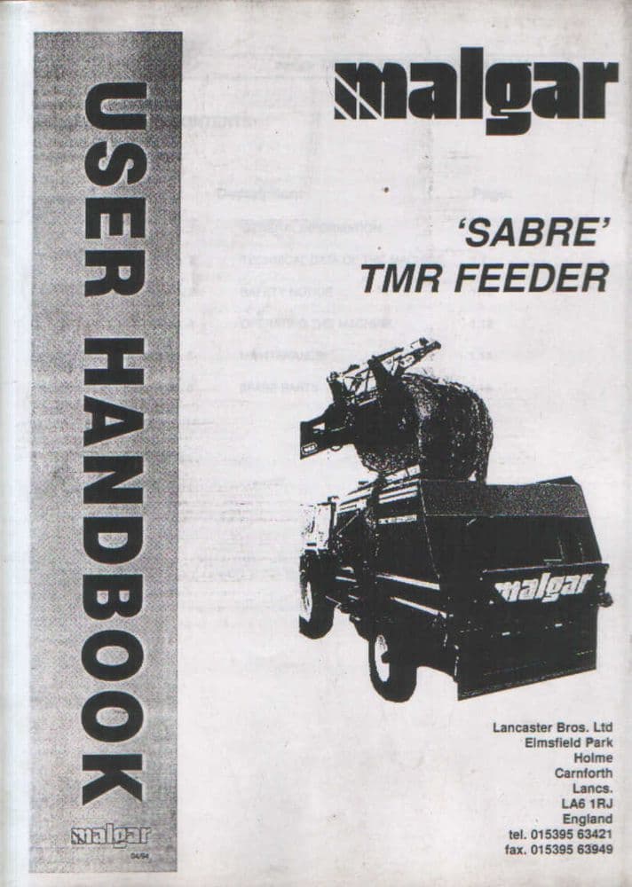 Malgar Feeder Wagon Sabre TMR Feeder Operators Manual with Parts List