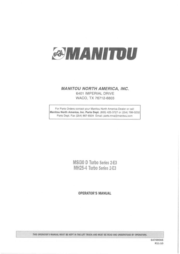 Manitou Forklift Truck MS130D Turbo MH25-4 Turbo Operators Manual