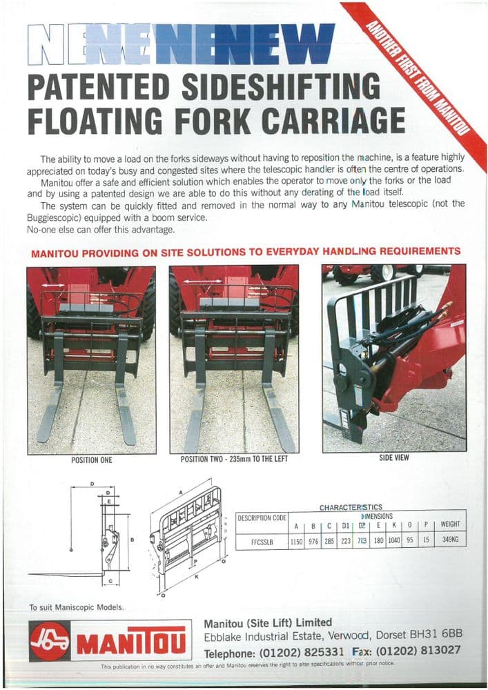 Manitou " Patented Sideshifting Floating Fork Carriage" Brochure