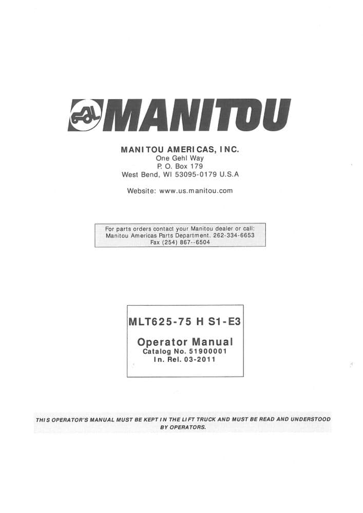 Manitou Telescopic Handler MLT625-75 H S1-E3 Operators Manual