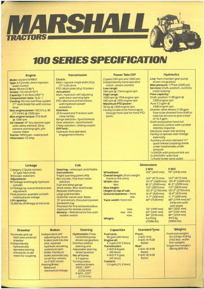 Marshall Tractor 100 Series - 100 & 115 Specification Sheet Brochure