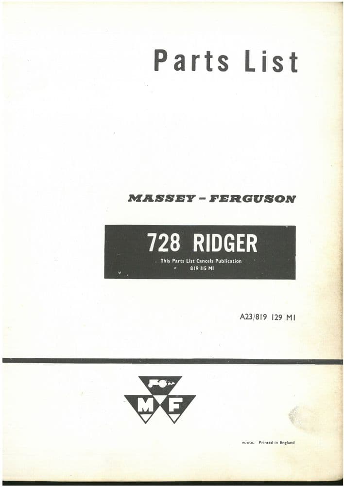 Massey Ferguson 728 Ridger Parts Manual