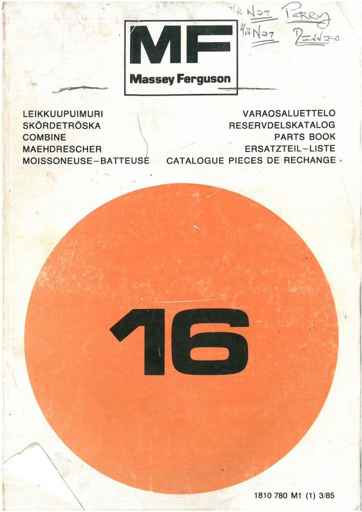 Massey Ferguson Combine MF16 Parts Manual - MF 16
