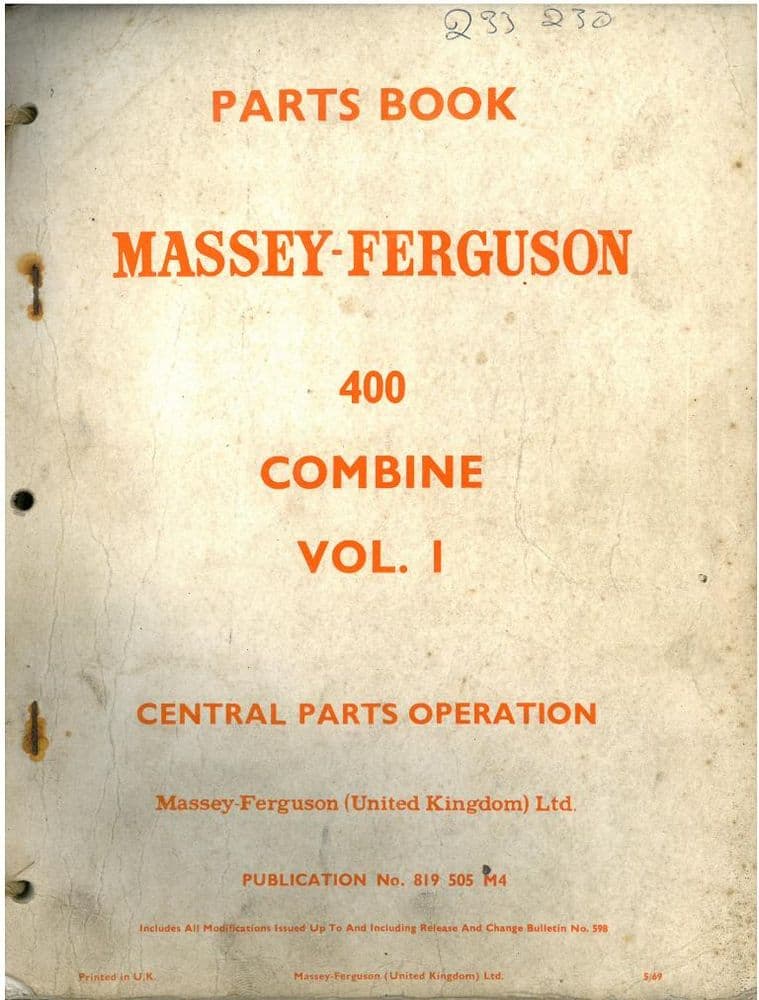 Massey Ferguson Combine MF400 Parts Manual - MF 400 Vol 1 & 2