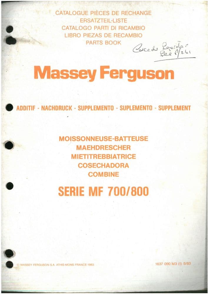 Massey Ferguson Combine MF700 MF800 Parts Manual
