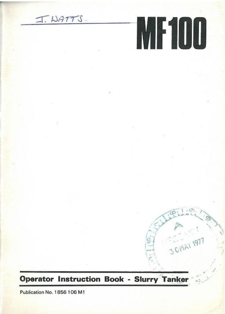 Massey Ferguson MF100 Slurry Tanker Operators Manual - MF 100